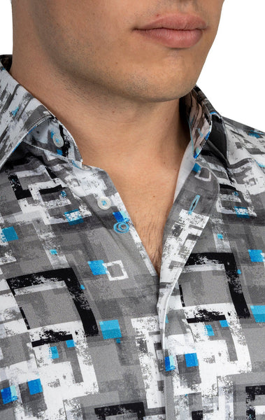 Grey & Turquoise Square Patterned Shirt – Cosiani